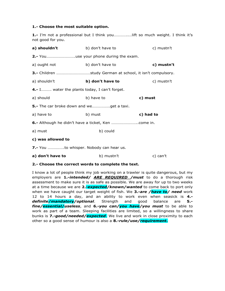 Modal Verbs & Obligation Worksheet - English Grammar