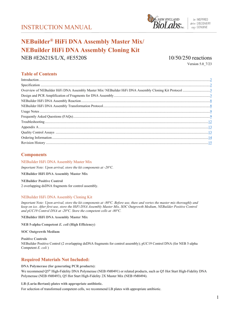 NEBuilder HiFi DNA Assembly: Instruction Manual