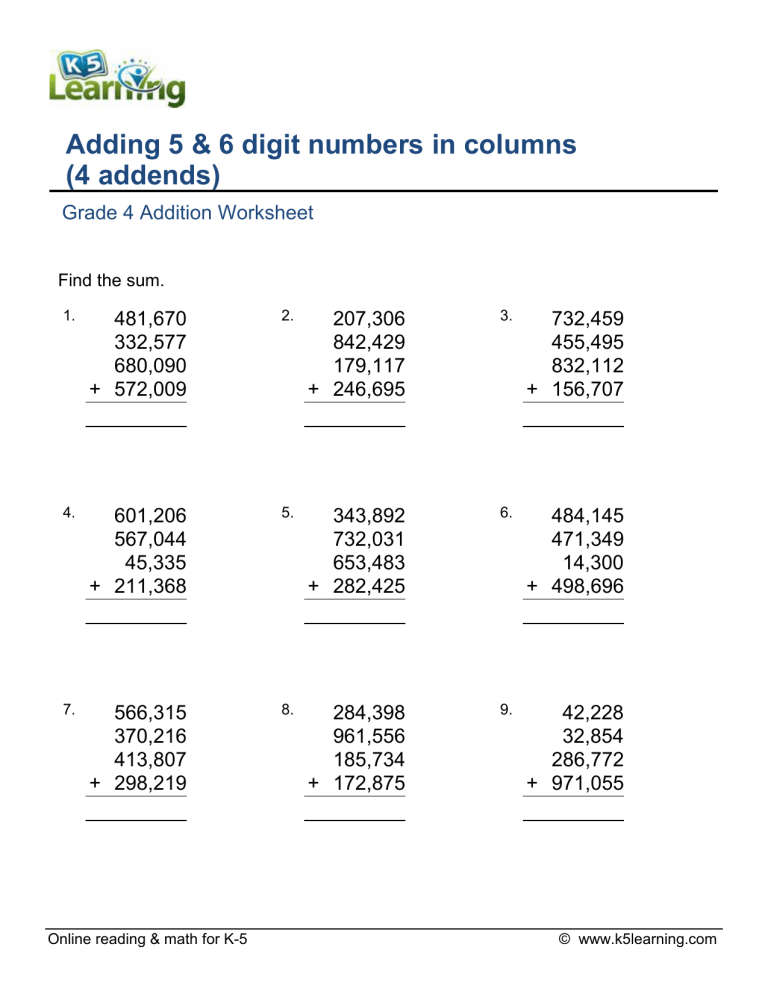 Adding 5 & 6 Digit Numbers Worksheet - Grade 4