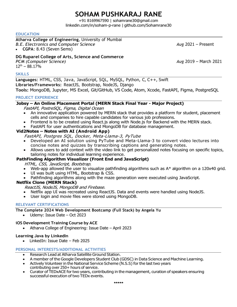 Soham Rane - Electronics & Computer Science Resume Soham Rane - Electronics & Computer Science Resume