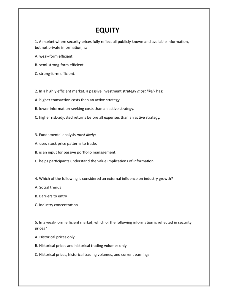 Equity Investment Exam Questions