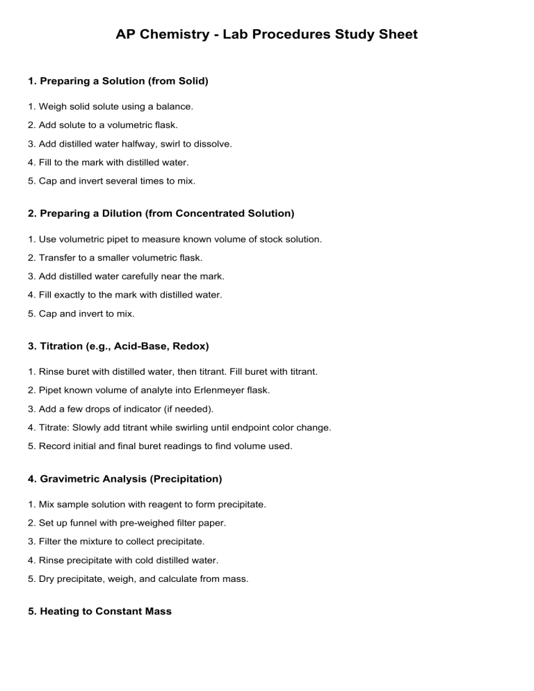 AP Chemistry Lab Procedures Study Sheet