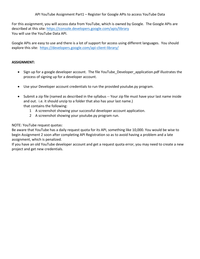YouTube API Assignment: Google Developer Account Setup