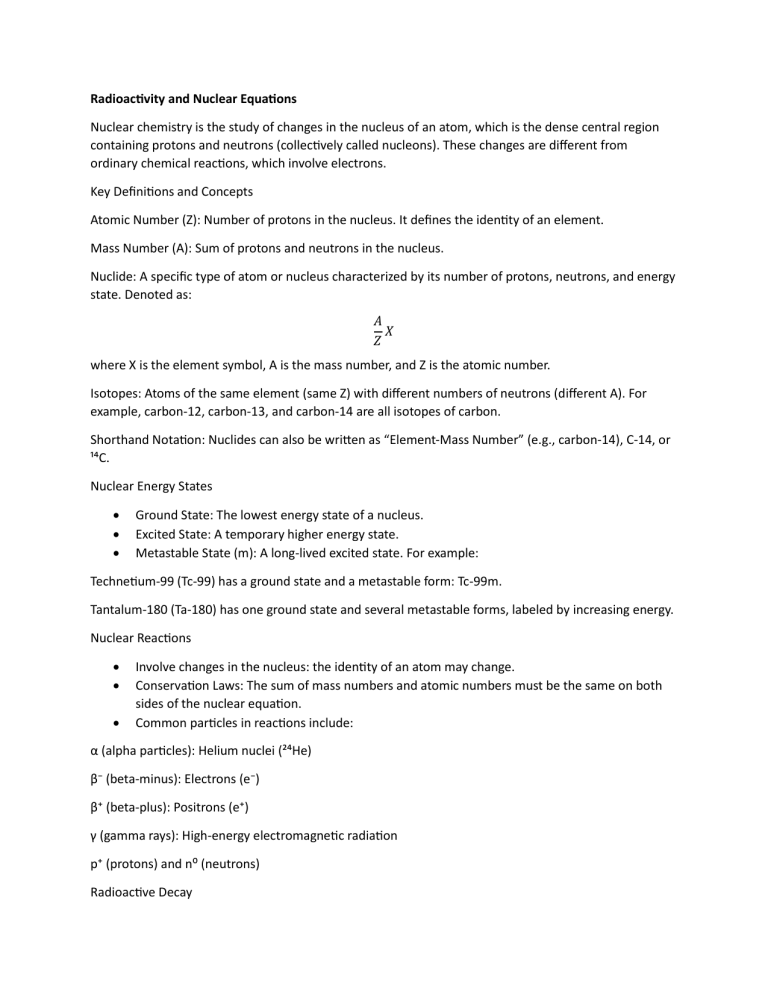 Radioactivity & Nuclear Equations: Lecture Notes