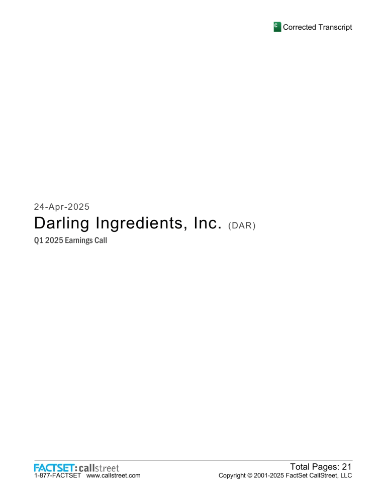 Darling Ingredients Q1 2025 Earnings Call Transcript