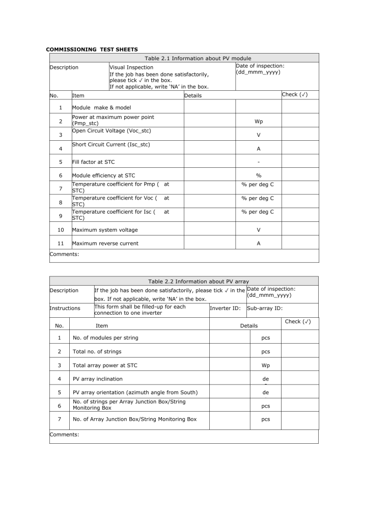 PV System Commissioning Test Sheets