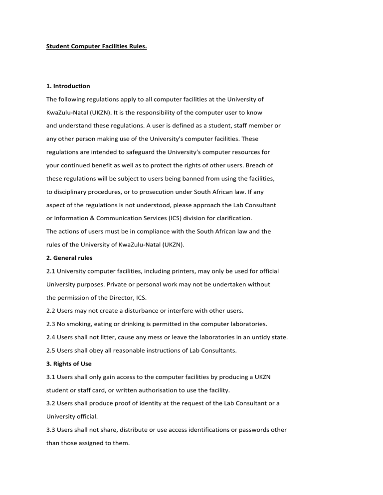UKZN Computer Facilities Rules & Regulations