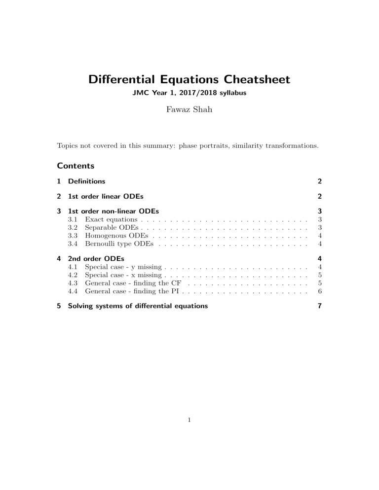 Differential Equations Cheatsheet: ODEs & Systems