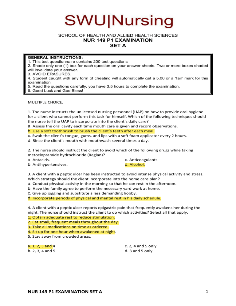 NUR 149 Nursing Exam: GI Health Questions & Answers