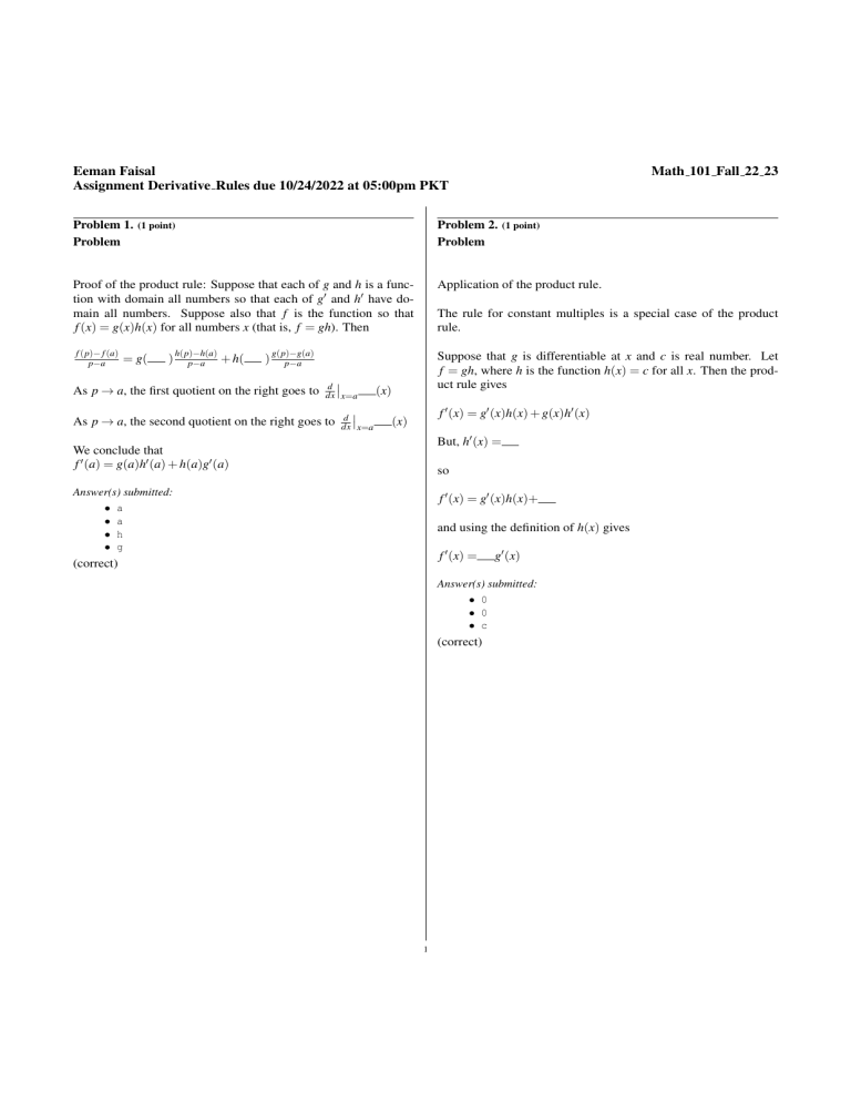 Derivative Rules Assignment: Calculus Problems & Proofs