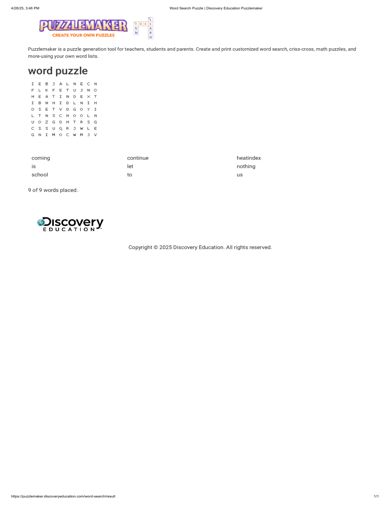 Word Search Puzzle - Discovery Education Puzzlemaker