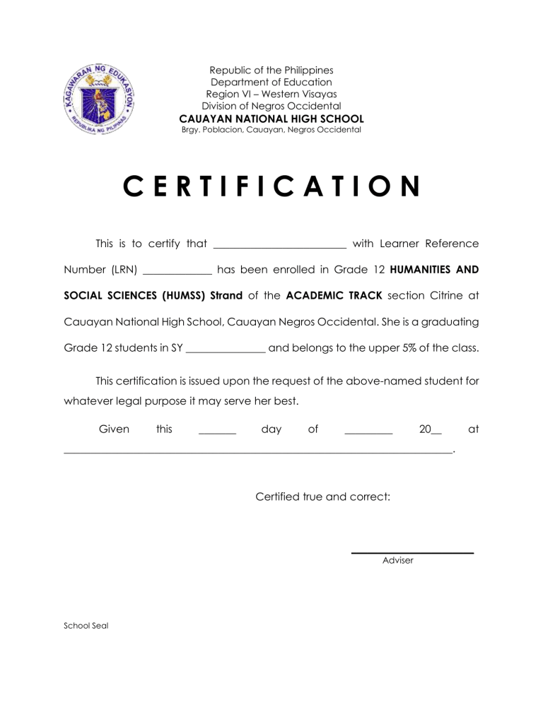 Grade 12 HUMSS Certification - Cauayan National High School