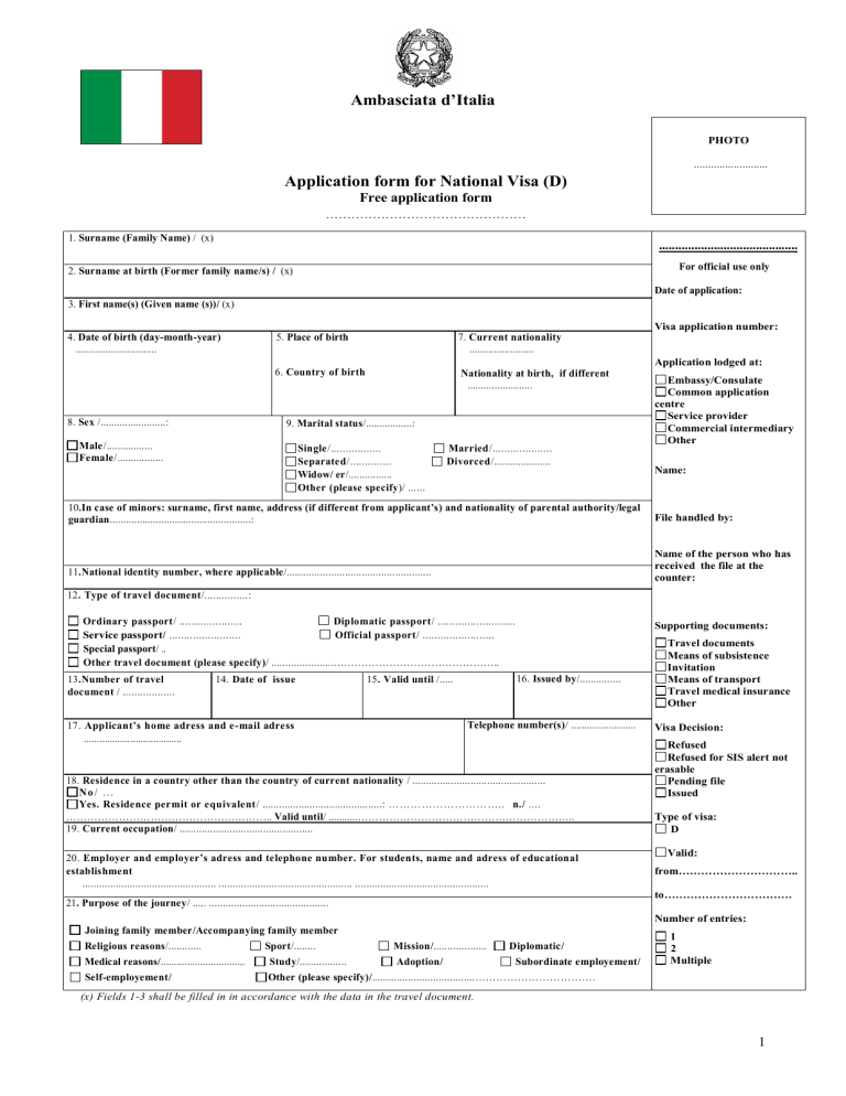 Italian National Visa (D) Application Form