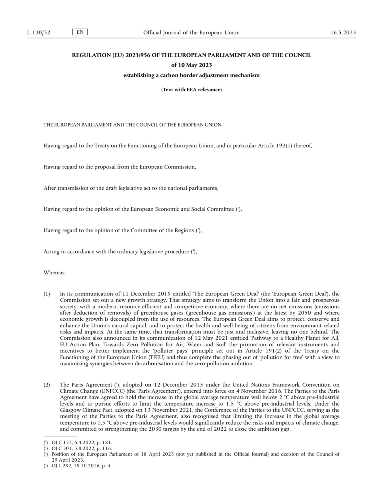 EU Carbon Border Adjustment Mechanism Regulation 2023/956