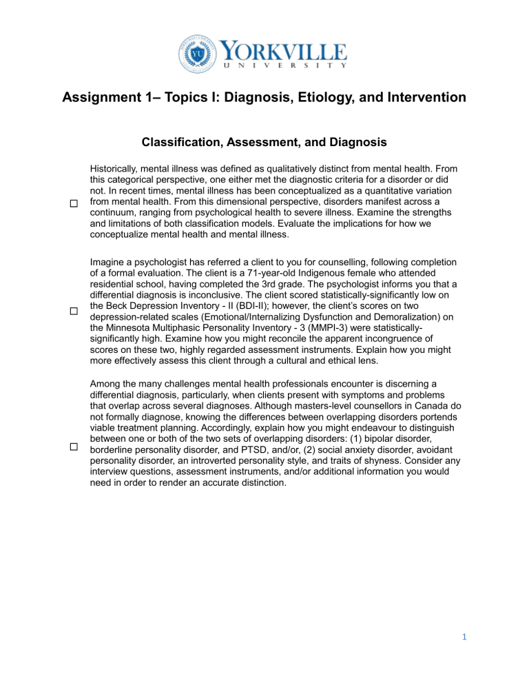 Mental Health Diagnosis, Etiology, & Intervention Assignment