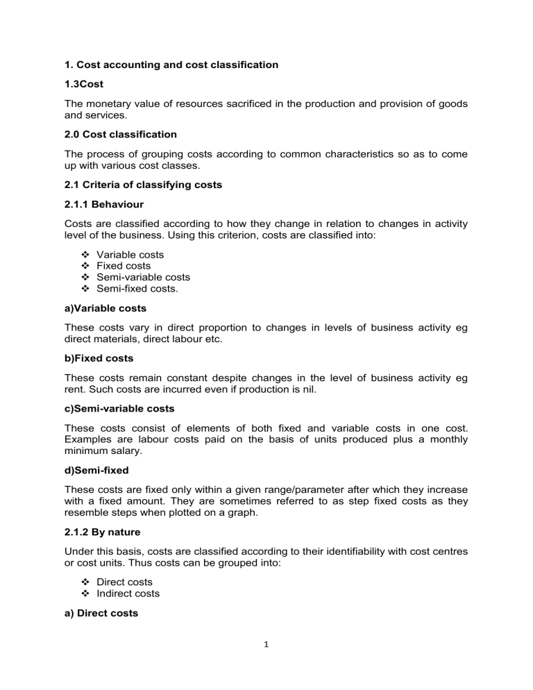 Cost Accounting & Classification: Course Material