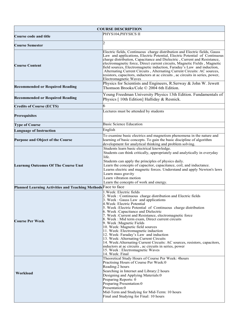 PHYS104 Physics II Course Description