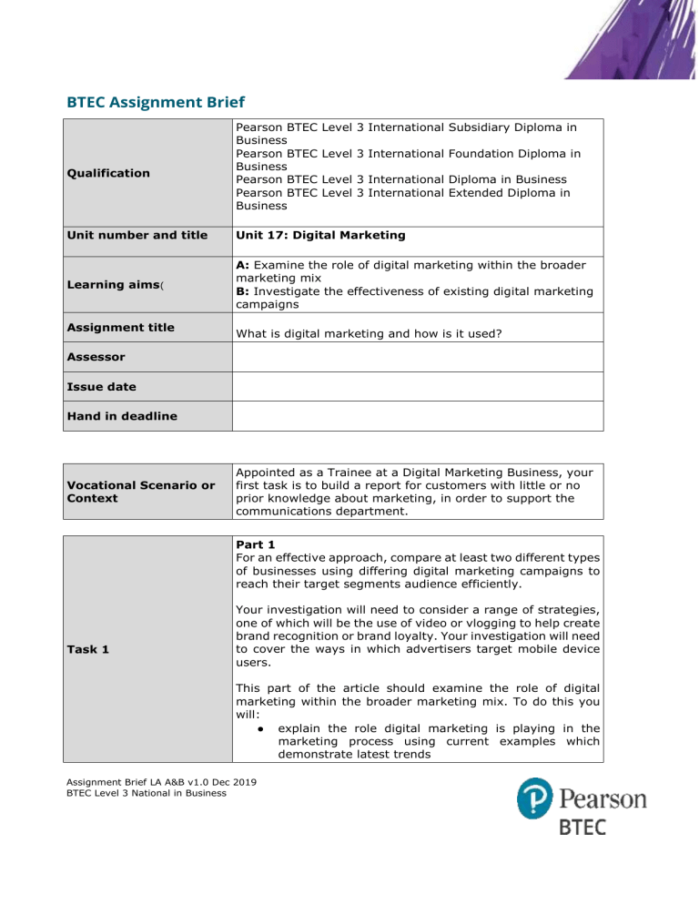 BTEC Level 3 Digital Marketing Assignment Brief