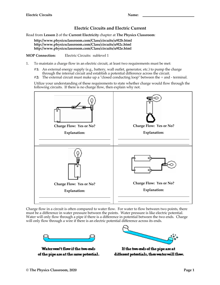 Electric Circuits & Current Worksheet - Physics Classroom