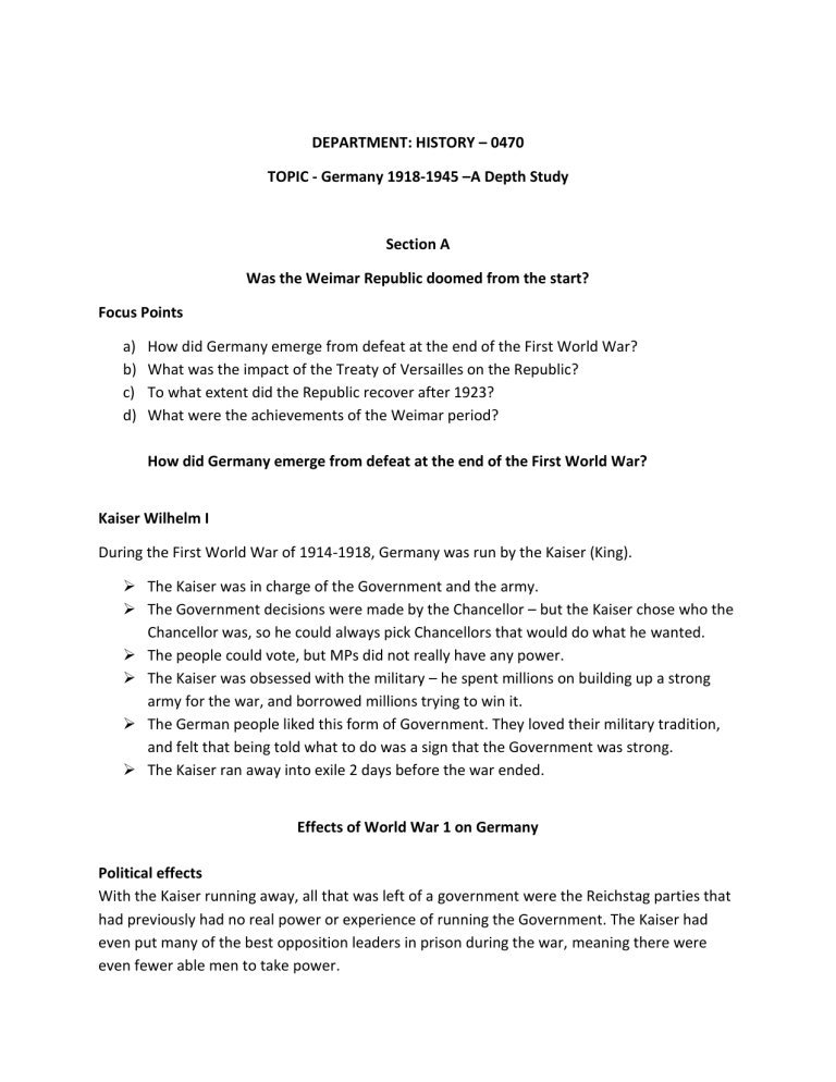 Germany 1918-1945: Weimar Republic Study Guide