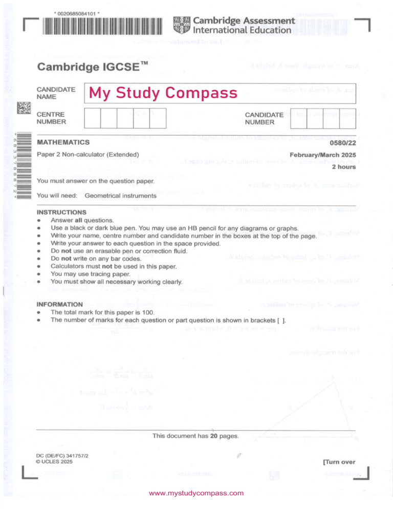 Cambridge IGCSE Math Exam Paper 2 (Extended) 2025