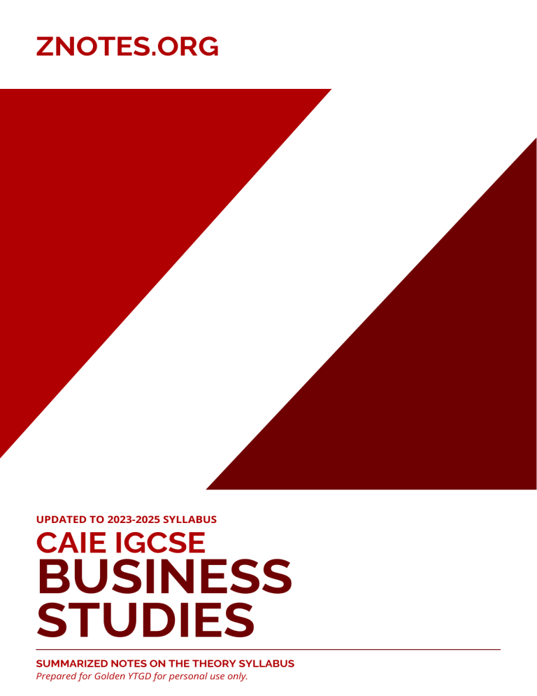 CAIE IGCSE Business Studies: Summarized Notes