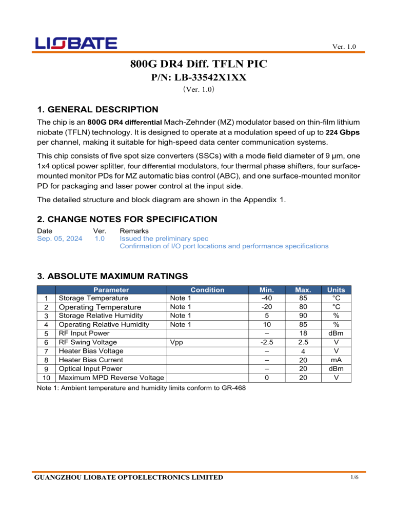 800G DR4 TFLN PIC Modulator Datasheet | LB-33542X1XX