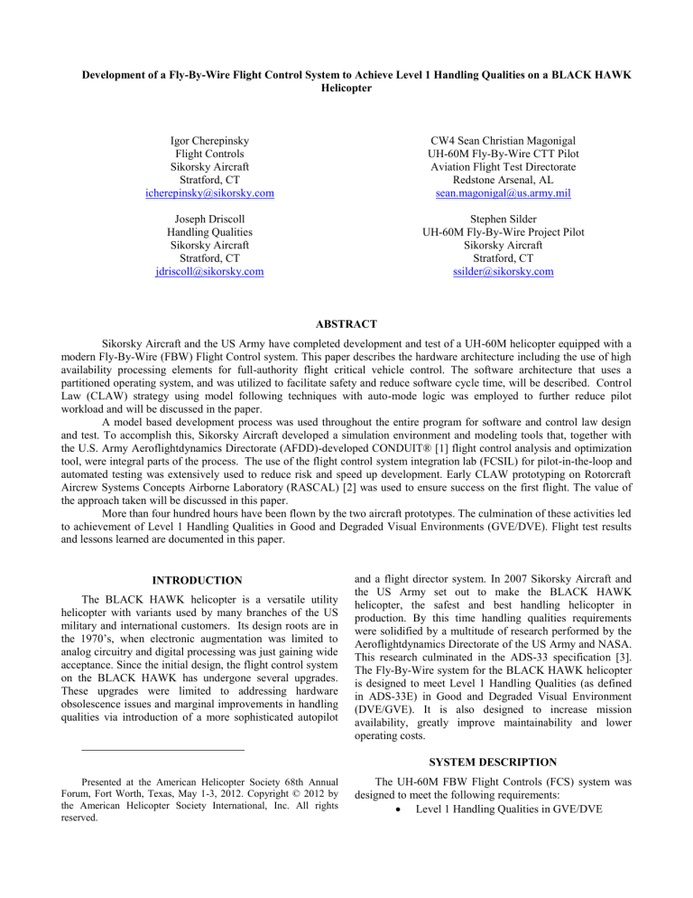 Fly-By-Wire Flight Control System for BLACK HAWK Helicopter