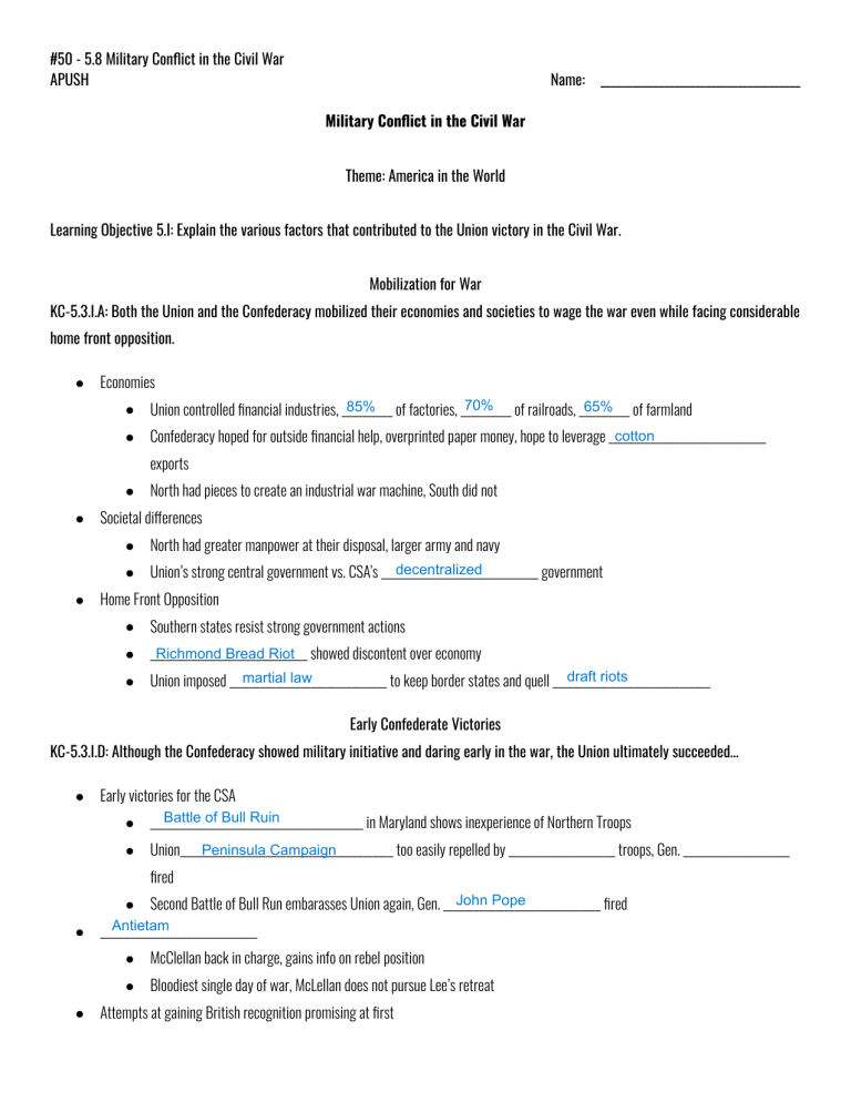 Civil War Military Conflicts Worksheet - APUSH