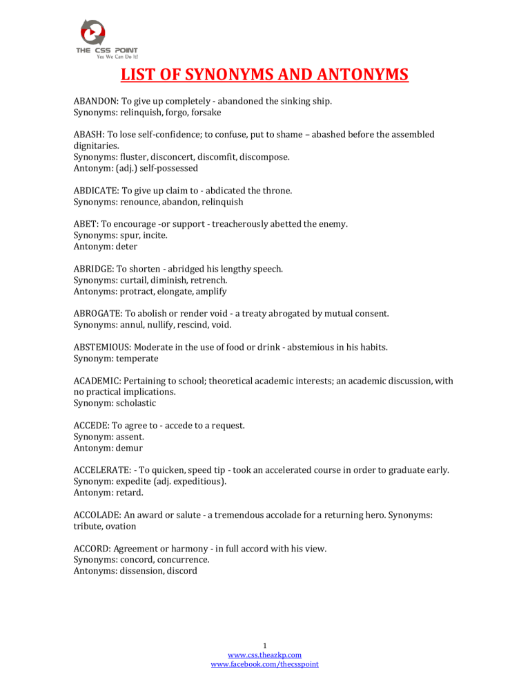 Synonyms and Antonyms List | Vocabulary Building