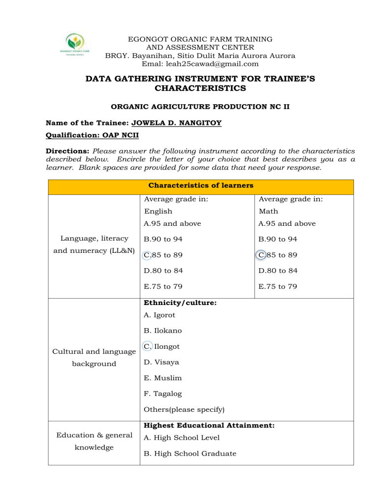 Organic Agriculture Trainee Assessment