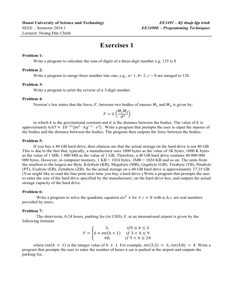 Programming Exercises: Hanoi University of Science and Technology