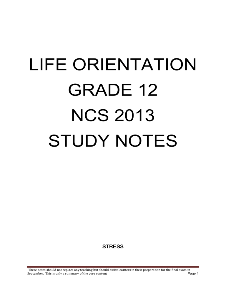 Stress Study Notes: Grade 12 Life Orientation