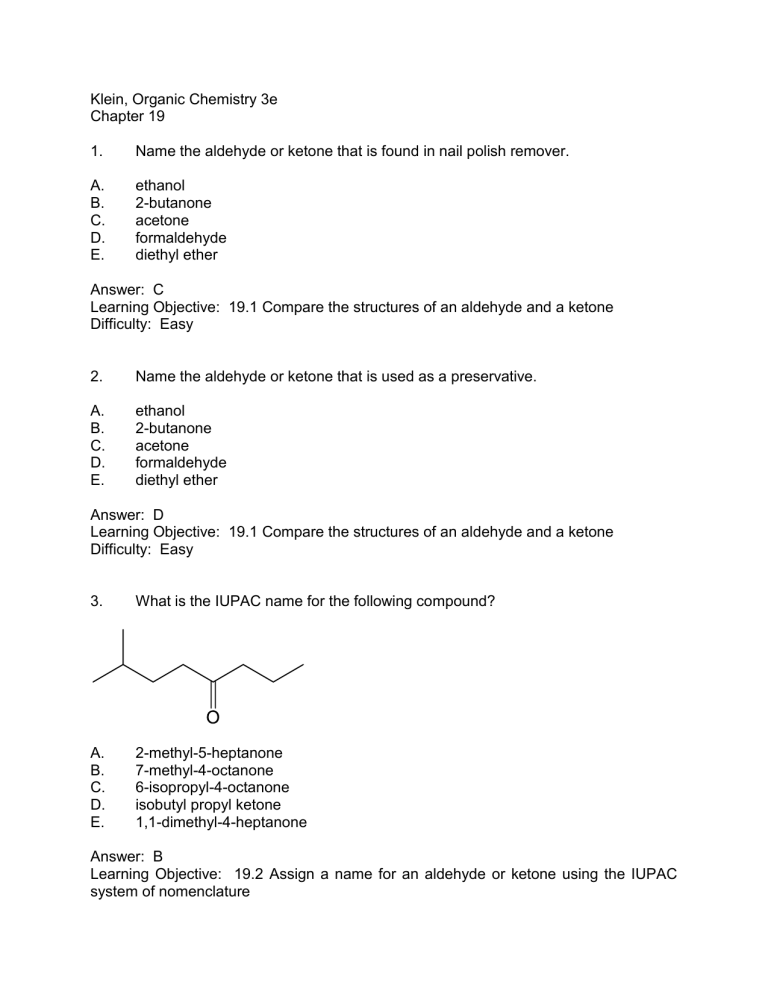 Organic Chemistry: Aldehydes & Ketones Test Questions