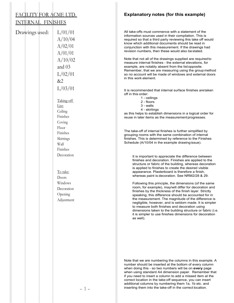 Internal Finishes Take-Off: Explanatory Notes & Drawings