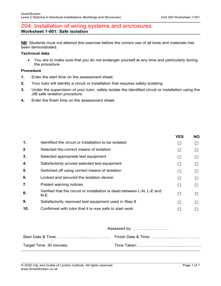 Safe Isolation Worksheet: Electrical Installations