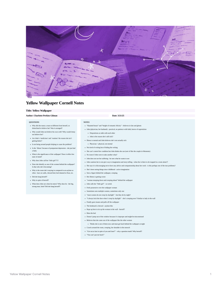 Yellow Wallpaper Cornell Notes: Analysis & Summary