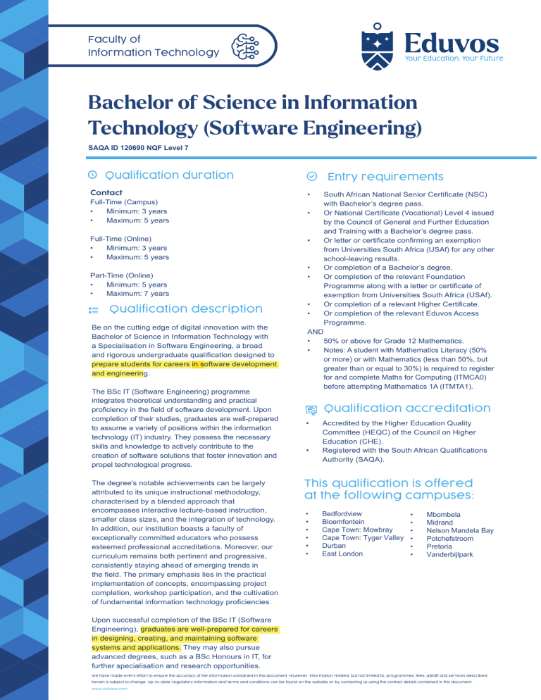 BSc IT Software Engineering Course Brochure | Eduvos