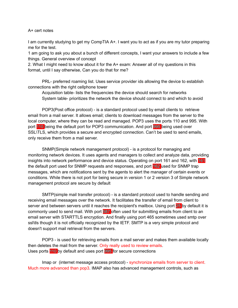 CompTIA A+ Certification Exam Study Notes