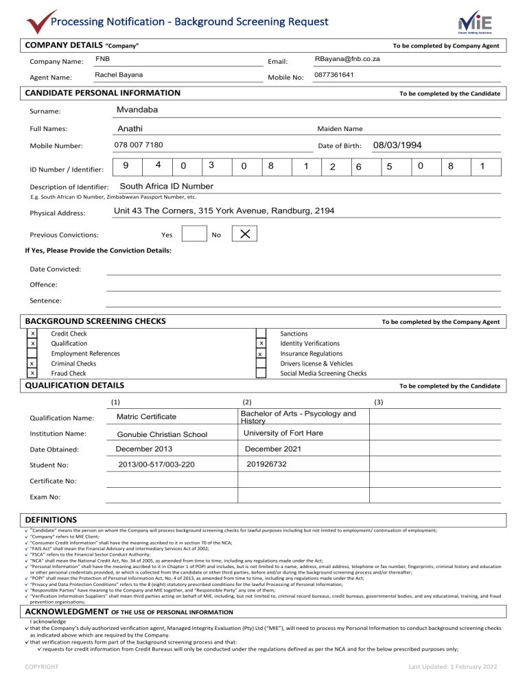 Background Screening Request Form - FNB