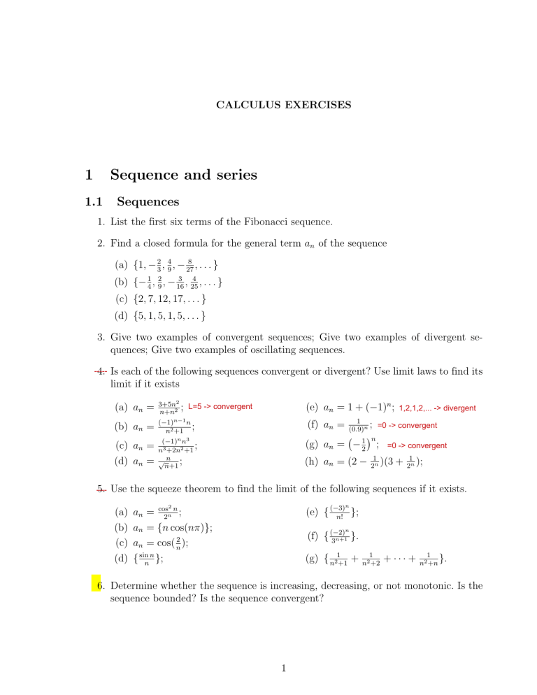Calculus Exercises: Sequences, Series, Limits, Derivatives