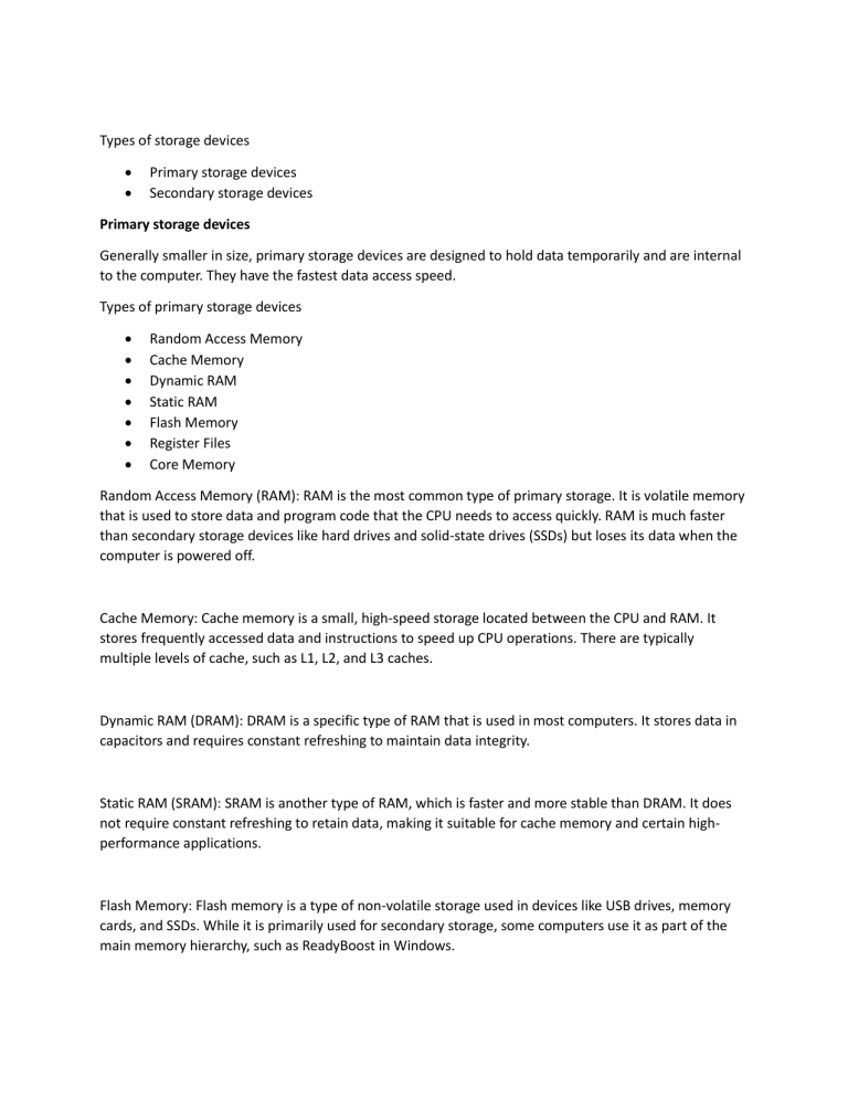 Storage Devices: Primary & Secondary Memory Types
