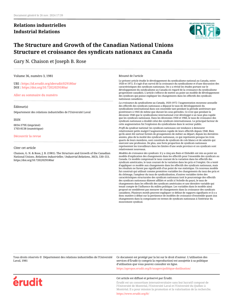 Canadian National Unions: Structure, Growth, and Models (1920-1972)