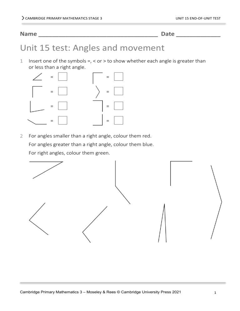 Angles and Movement Test - Cambridge Primary Math Stage 3