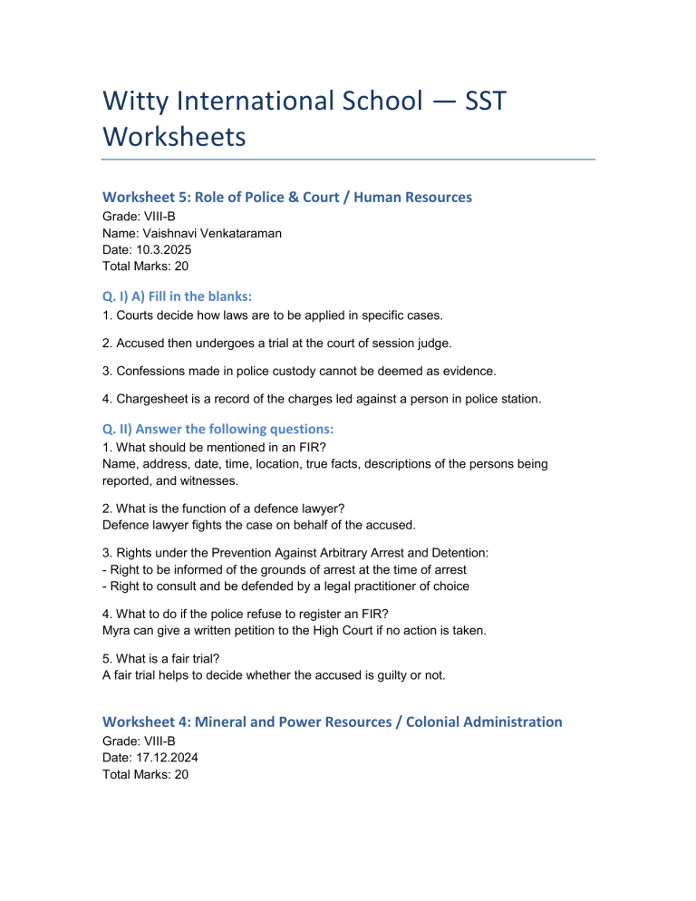 Grade 8 Social Science & HR Worksheets