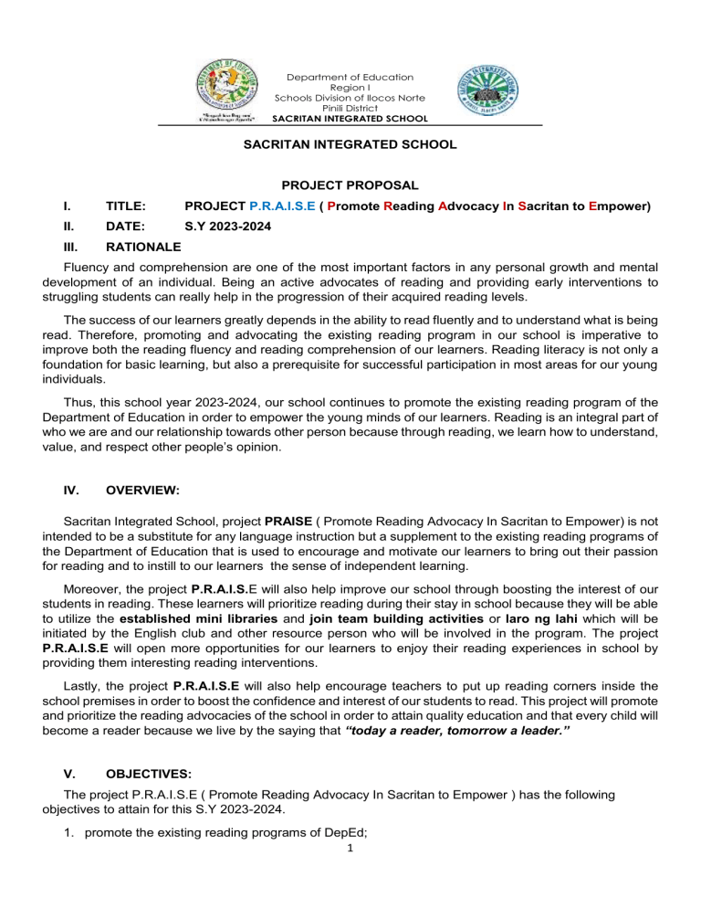 Project P.R.A.I.S.E. Reading Advocacy Project Proposal