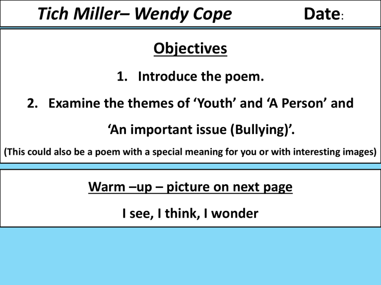 Tich Miller Poem Lesson Plan: Bullying & Youth Themes