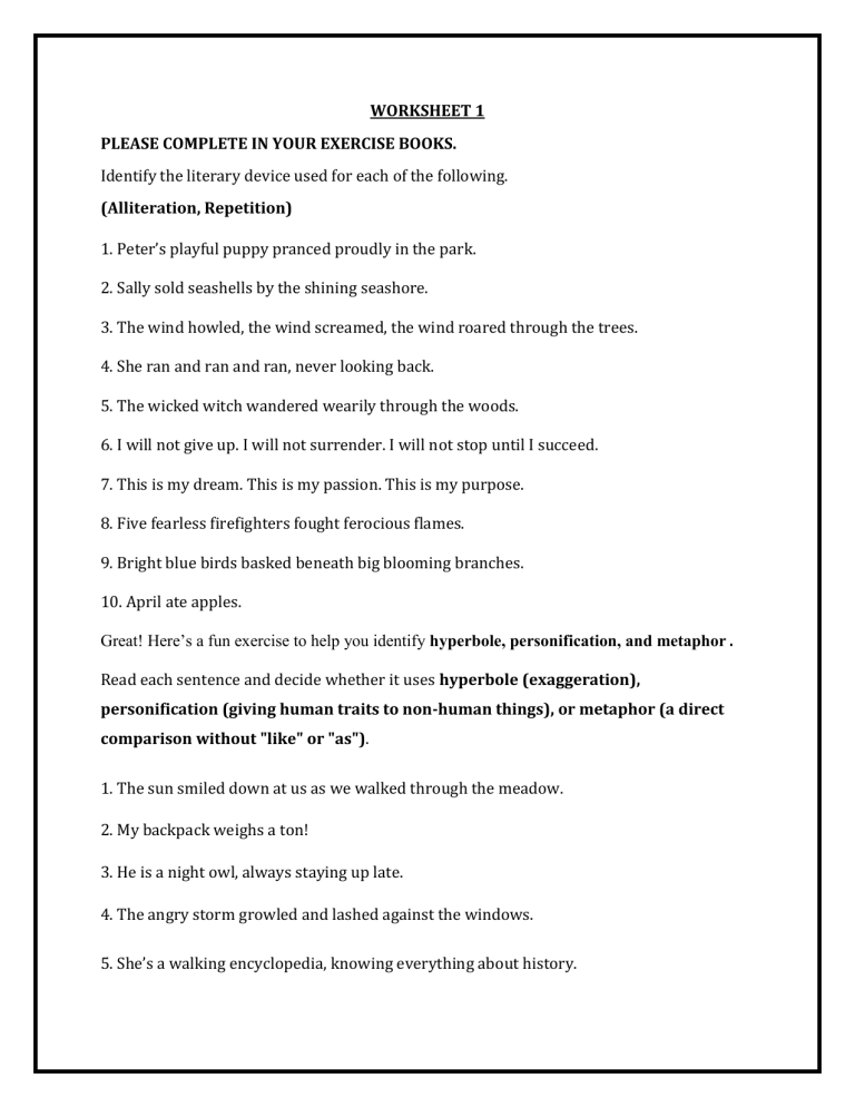 Literary Devices Worksheet: Alliteration, Metaphor, Symbolism