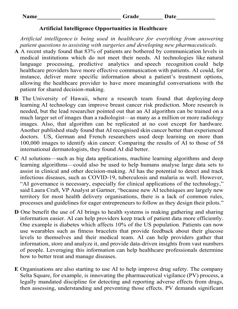AI in Healthcare: Opportunities & Applications Worksheet