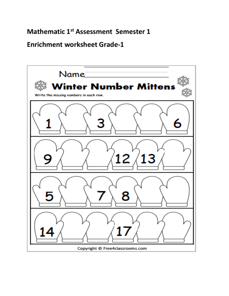 Grade 1 Math Worksheet: Winter Number Mittens